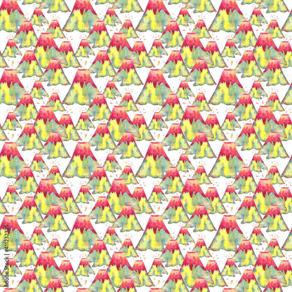 Volcano seamless pattern on a white background. Cute hand-drawn ...