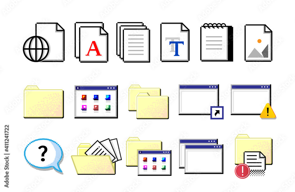 Old computer icons. Retro pixel signs. Yellow folders of files and ...