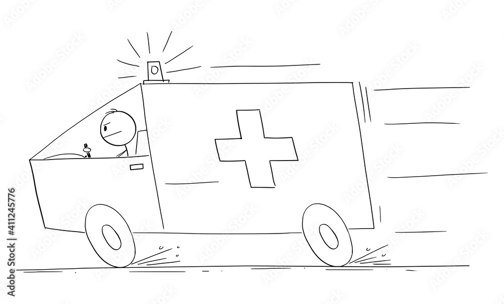 Ambulance responding to emergency, vector cartoon stick figure or ...