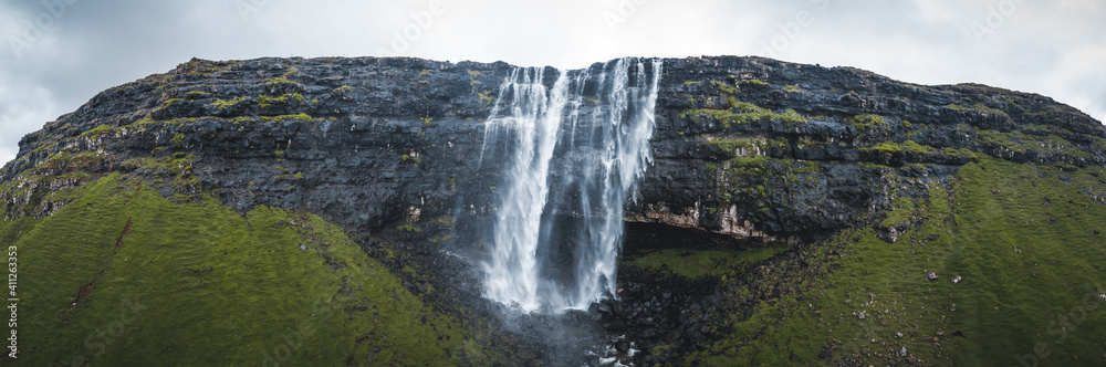 Aerial view of Fossa Waterfall, the highest waterfall in the Faroe ...
