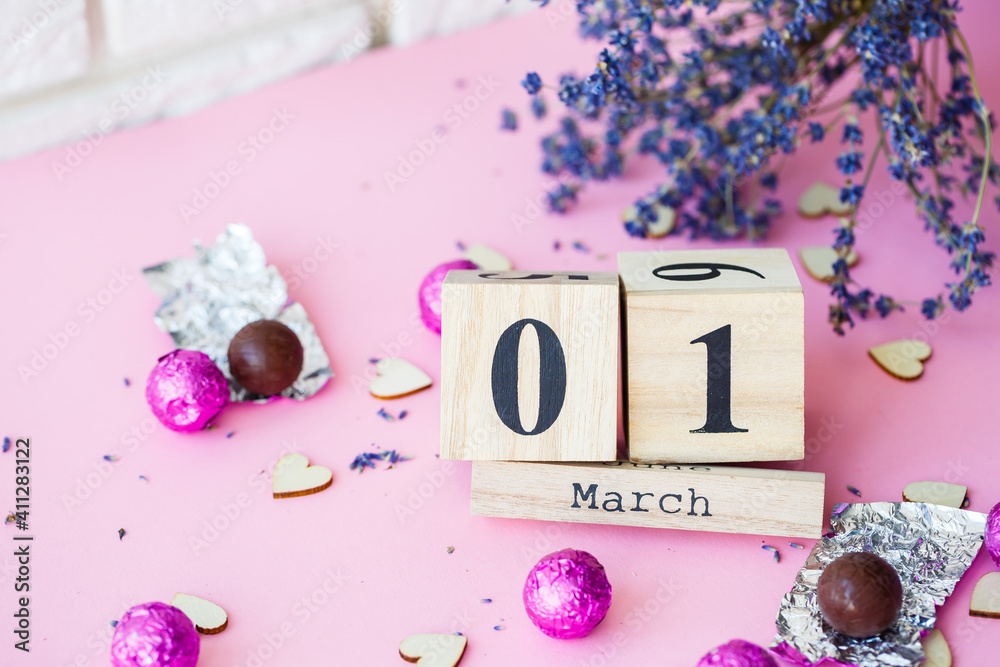 Wooden calendar with the date of March 1 on a pink background, a place ...
