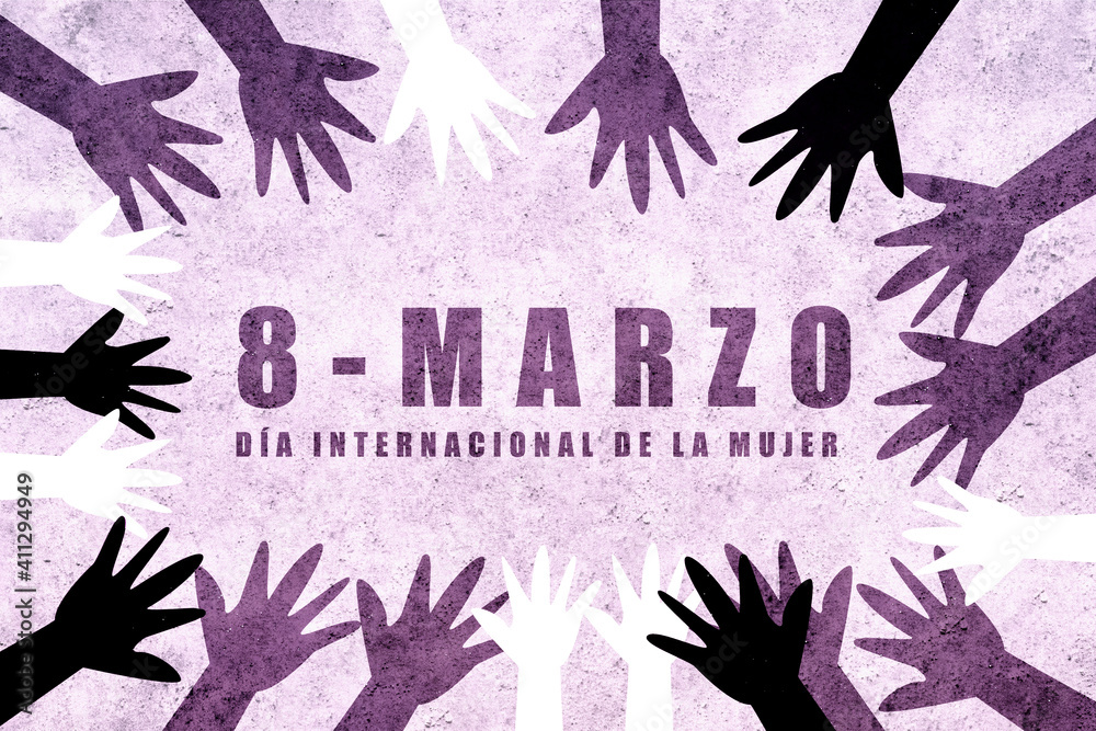 8 Marzo. Hands united together in International Women's Day. Feminist ...