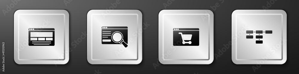 Set UI or UX design, , Online shopping on screen and Site map icon. Silver square button. Vector ...