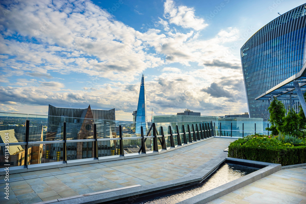 The tip of London's iconic buildings from up high. London. Desaturated ...
