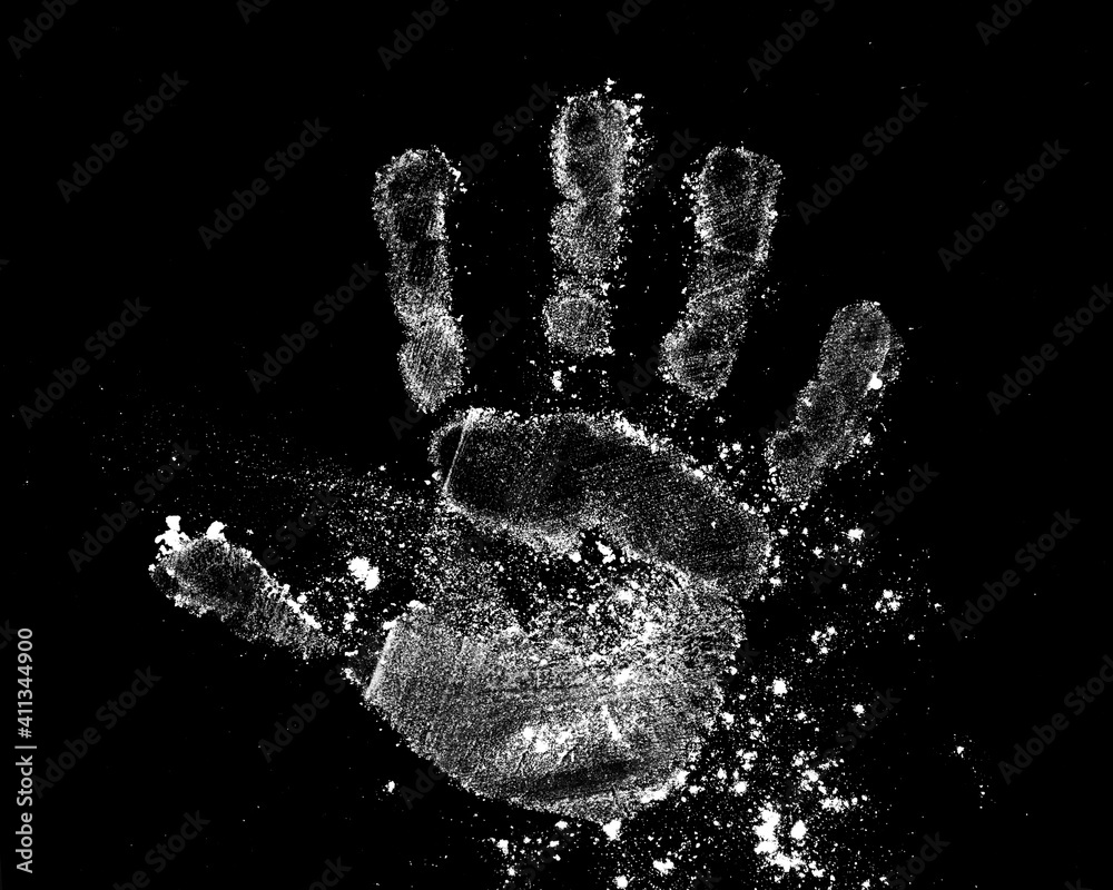 handprint from flour on a black background Stock Photo | Adobe Stock