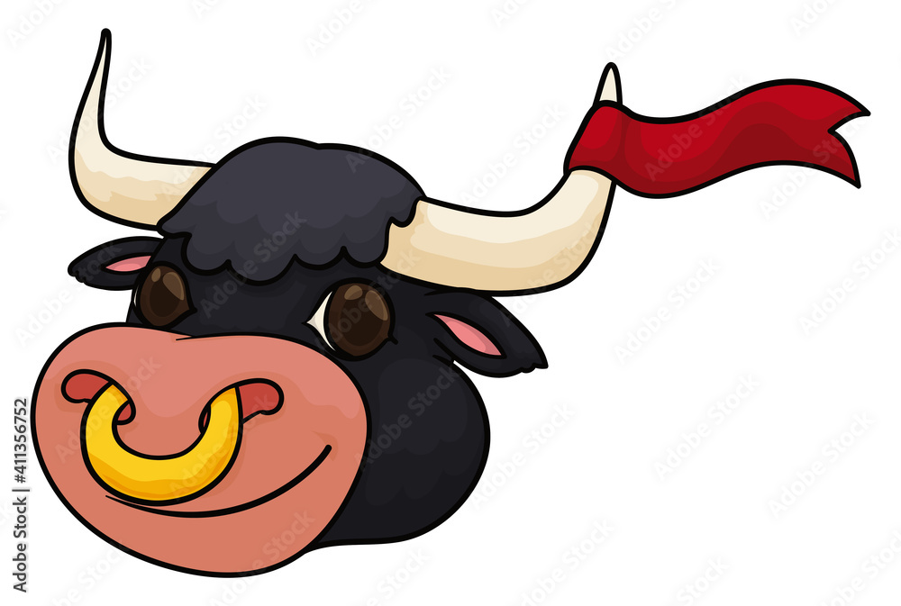 Smiling ox with golden nose ring and red ribbon, Vector Illustration ...
