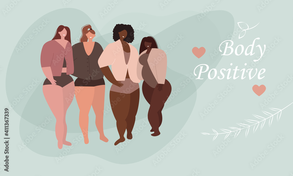 Body positive vector image happy plus size girls Love your body card ...