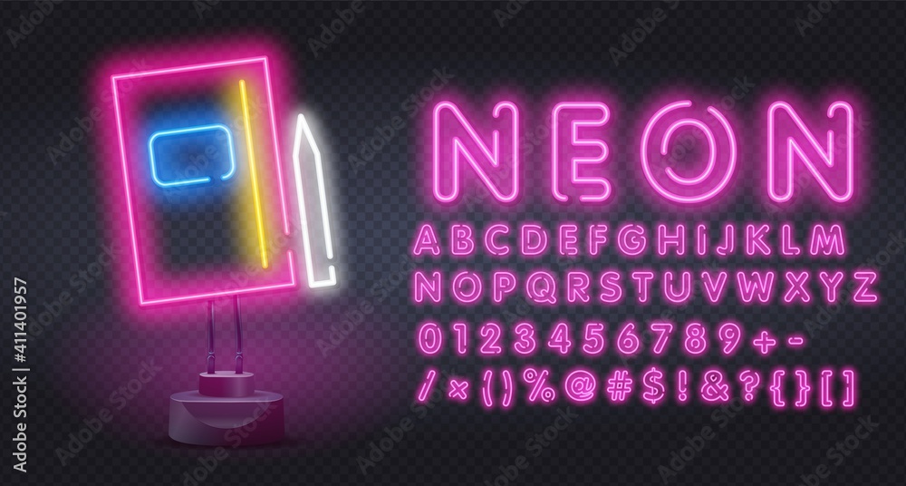 Diary notebook with pen neon light icon. School journal with bookmark ...