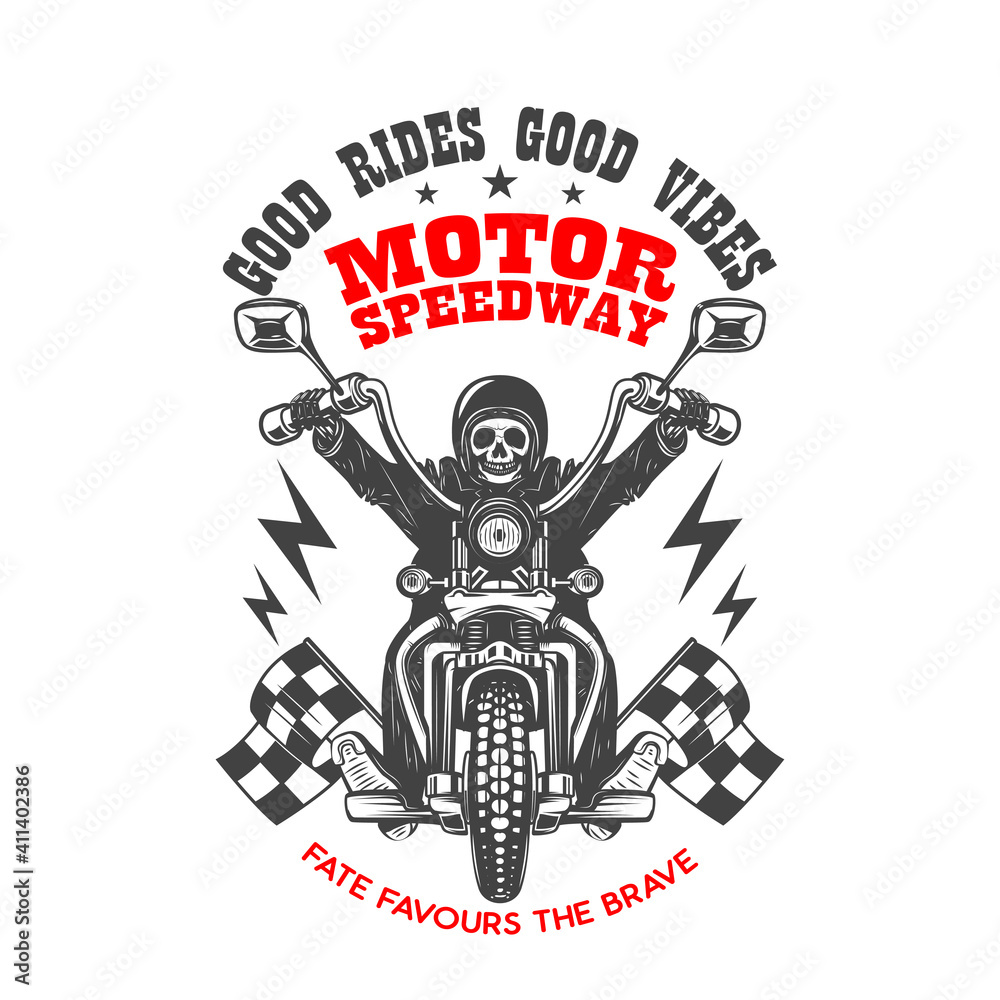 Motor speedway. Emblem template with skeleton on vintage motorcycle ...