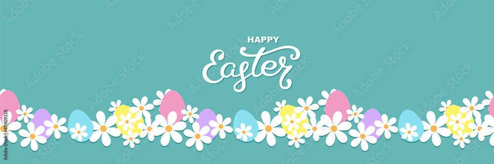 Easter border. Cute horizontal seamless pattern with flowers, easter ...