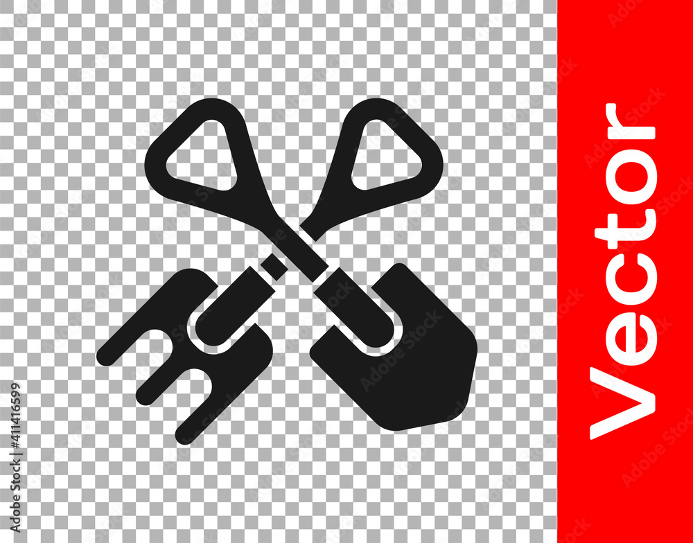 Black Shovel and rake icon isolated on transparent background. Tool for ...