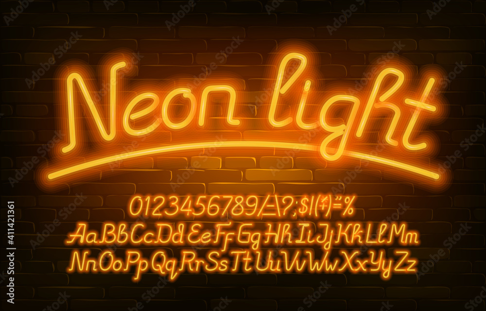Neon Light alphabet font. Yellow neon color letters, numbers and ...