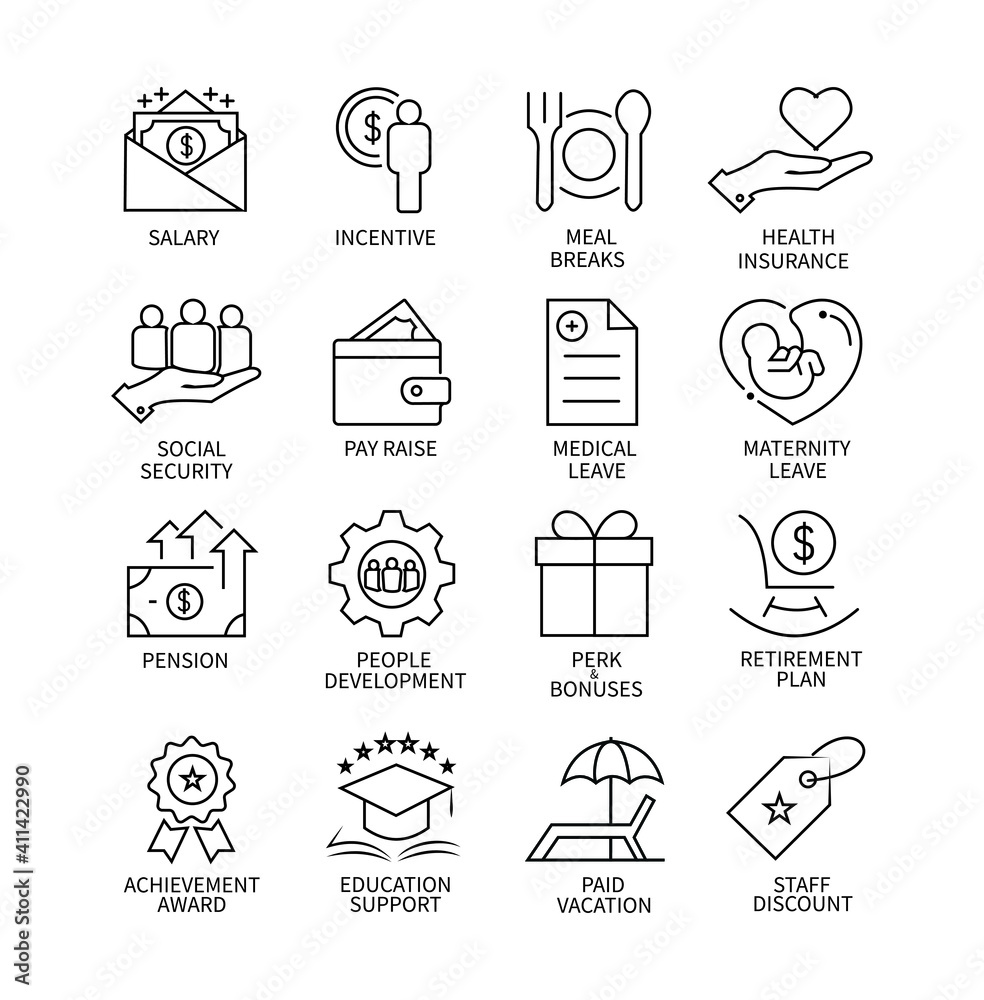 Employee benefits line icon set on white background.Vector illustration ...