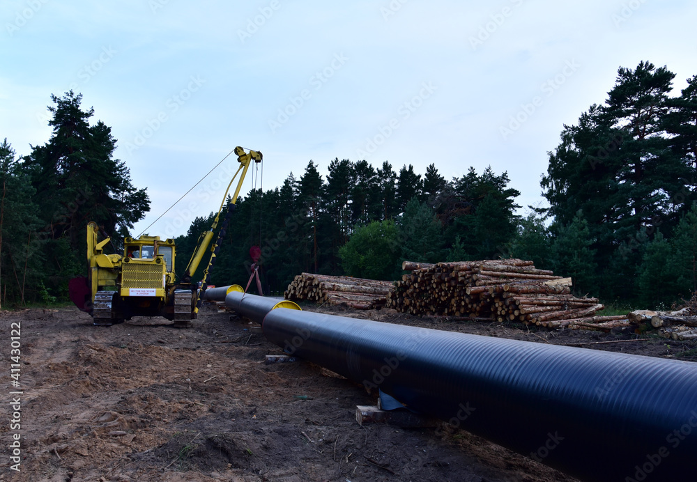 Natural gas pipeline construction work in forest area. Petrochemical ...