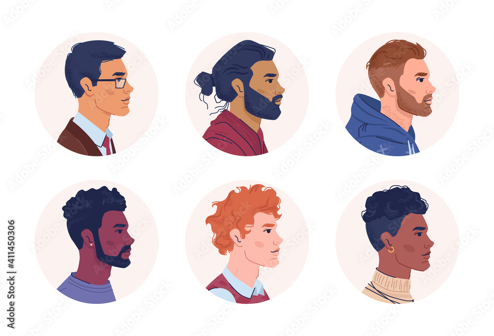 Profile portraits of multiracial men isolated flat cartoon people ...