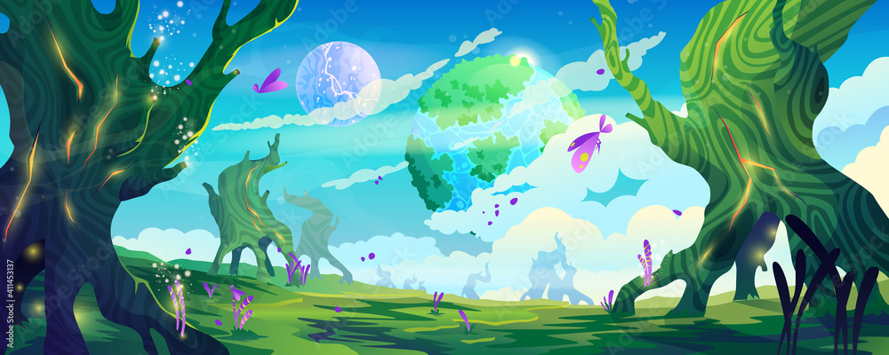 Vecteur Stock Alien planet landscape, fantastic habitable world vector ...