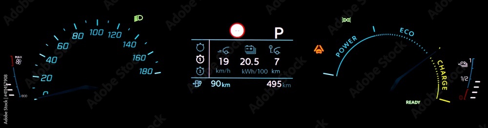 Car dashboard panel in full electric vehicle EV. Illuminated car ...
