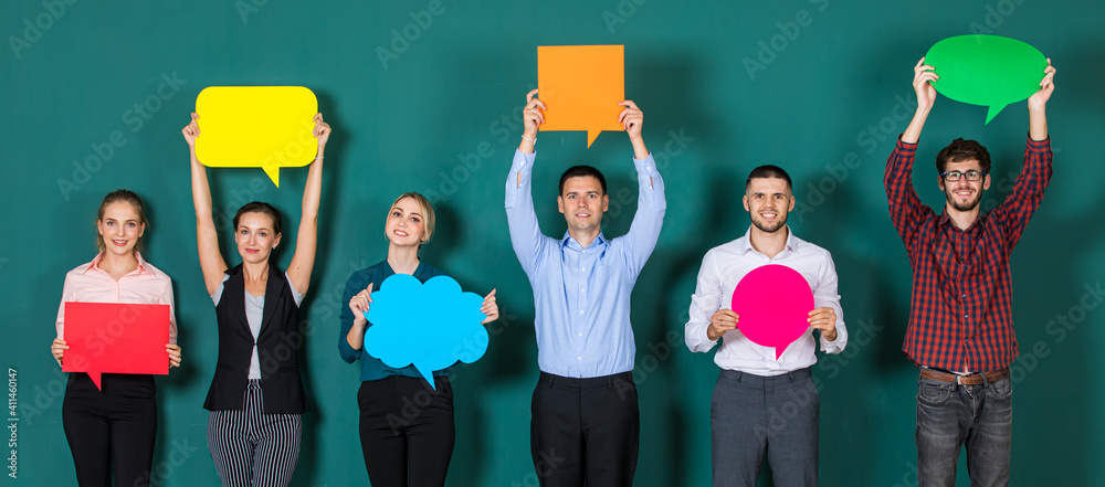 Group of six business people team standing together and holding ...