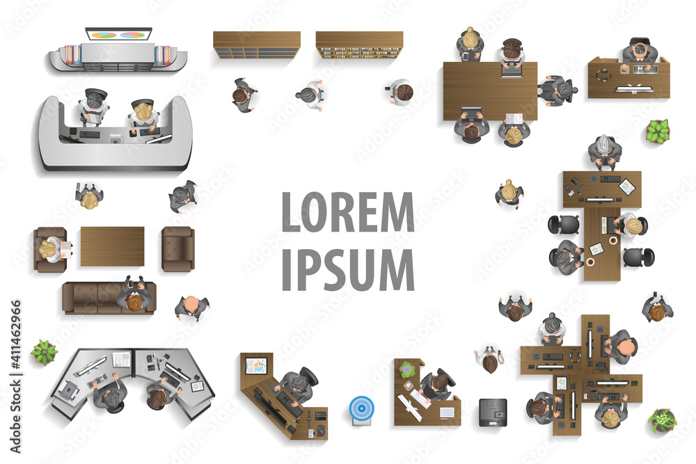 Office in the form of a rectangular frame. Top view. People at work in ...