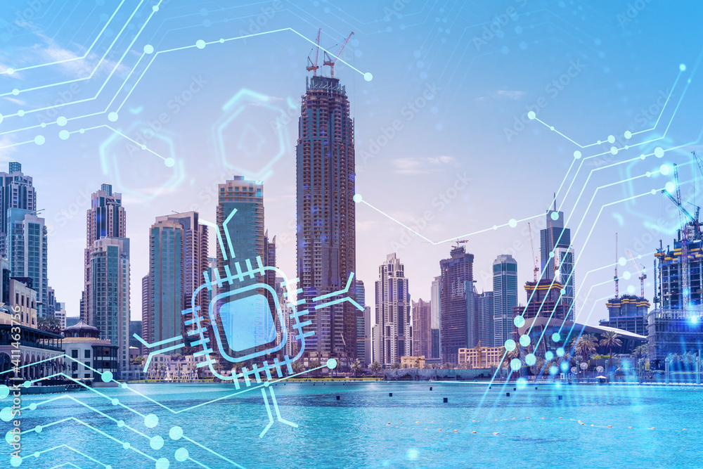 Skyscrapers of Dubai business downtown. International hub of trading ...