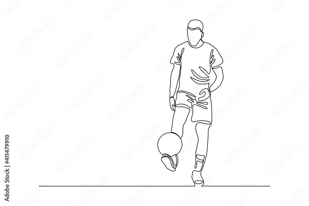 Continuous line drawing of football player kicking ball. Single one ...