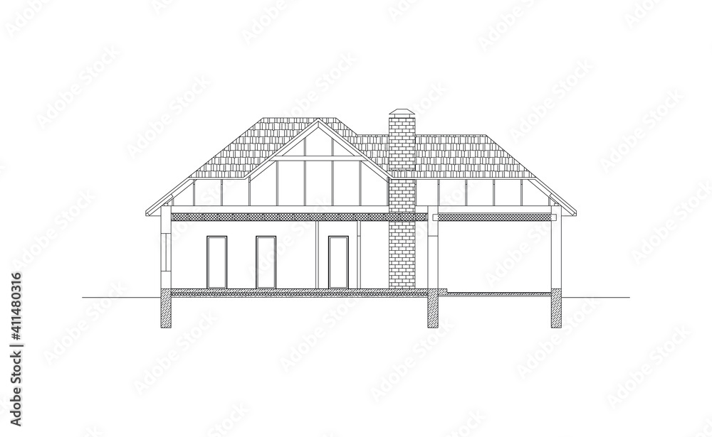 Architectural black and white background. Cross-section suburban house ...
