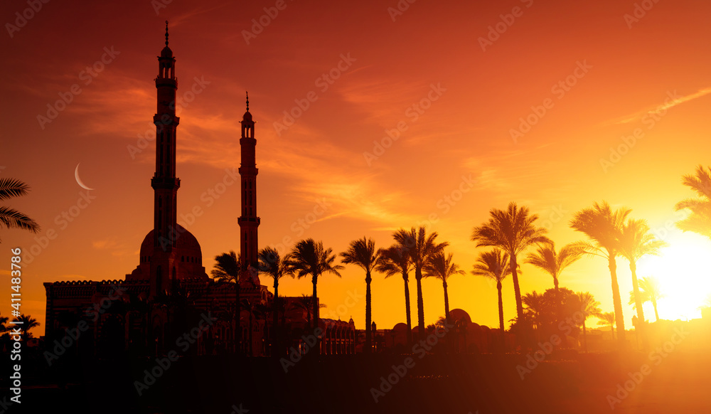 Beautiful large Islamic mosque at the sunset sky background Stock Photo ...