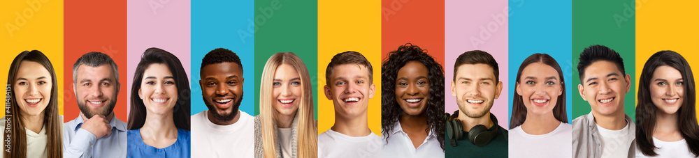 Collection of diverse real people portraits expressing positivity ...