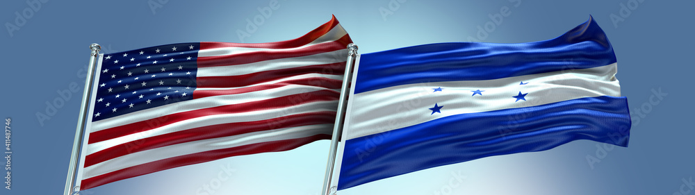 United States of America Flag and Honduras flag waving with texture and ...