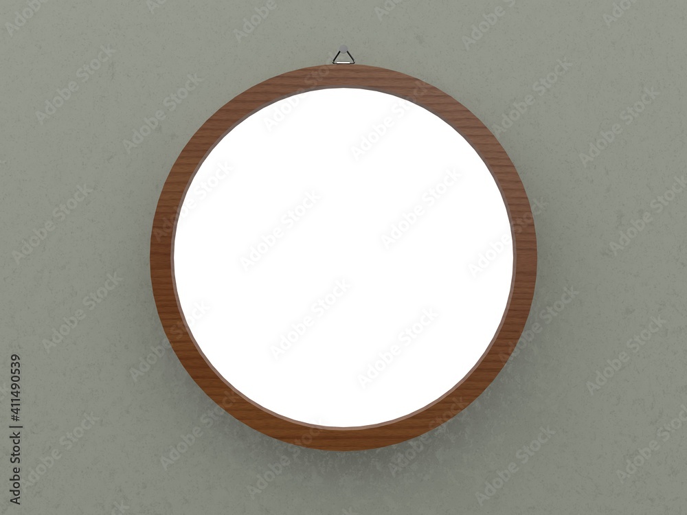 Rounded wooden frames hang on khaki color wallpaper. Mock-up and ...