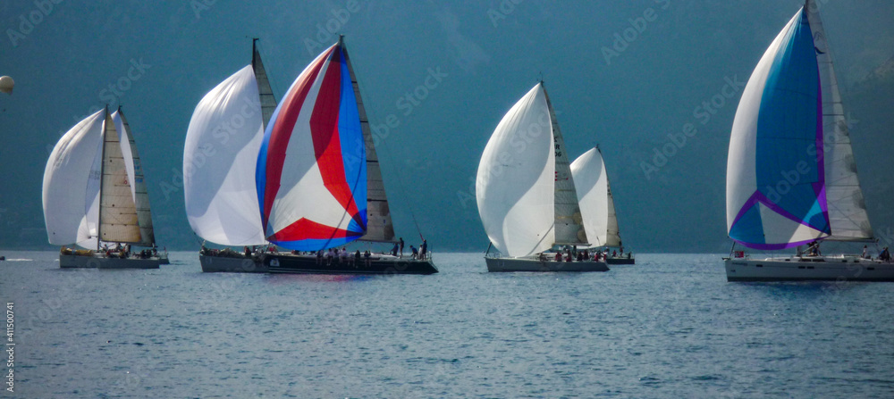 sail boat yacht race regatta with multi colorful spinnaker sails and ...