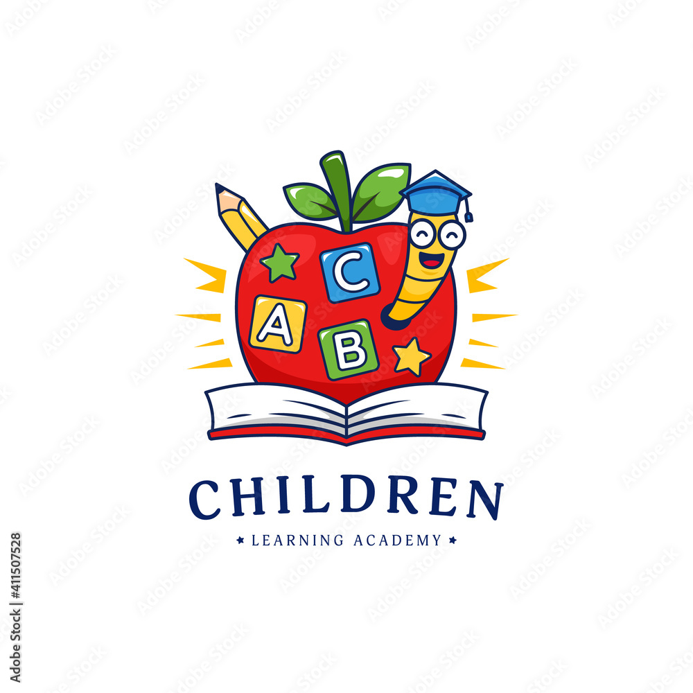 Kindergarten children learning school academy logo with apple and ...