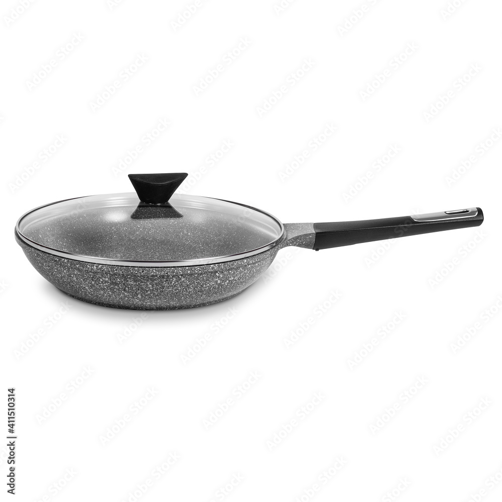 Round colored frying pan with a transparent lid in the form of a ...