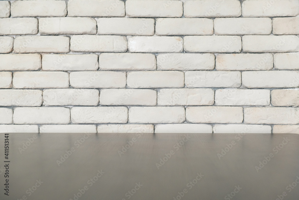 wood table with white brick wall background for food and product ...