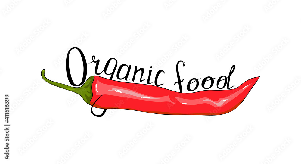Red chili peppers and hand lettering. Logo Organic food. Hand drawing ...