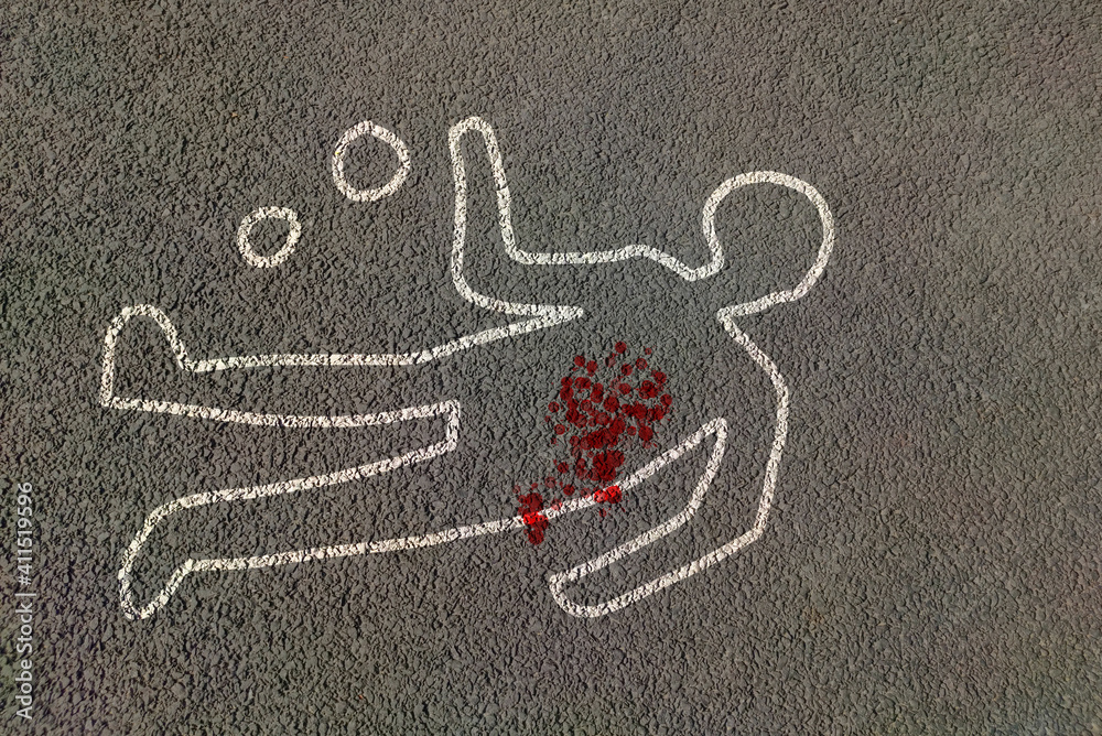 Man silhouette shape outline of dead body marked on road by chalk with ...