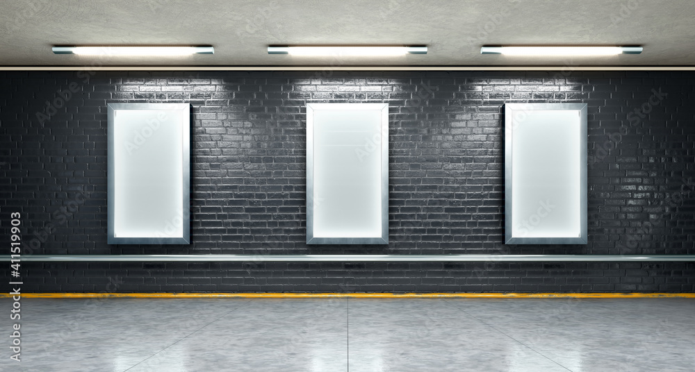 City light boxes on the black wall in the hallway. 3d illustration ...