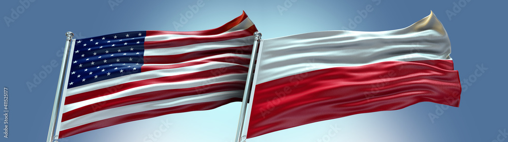 United States of America Flag and Poland flag waving with texture and ...