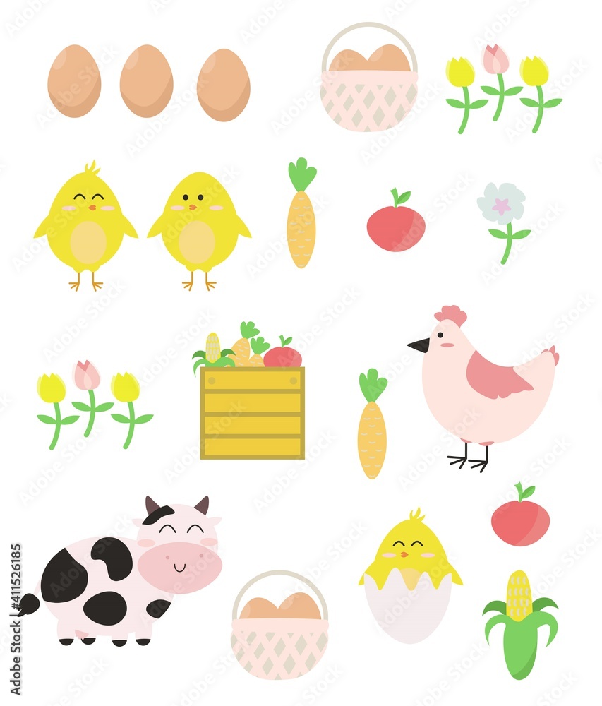 Farm set vector agronomy animals vegetables: cow, chicken, eggs, apple ...