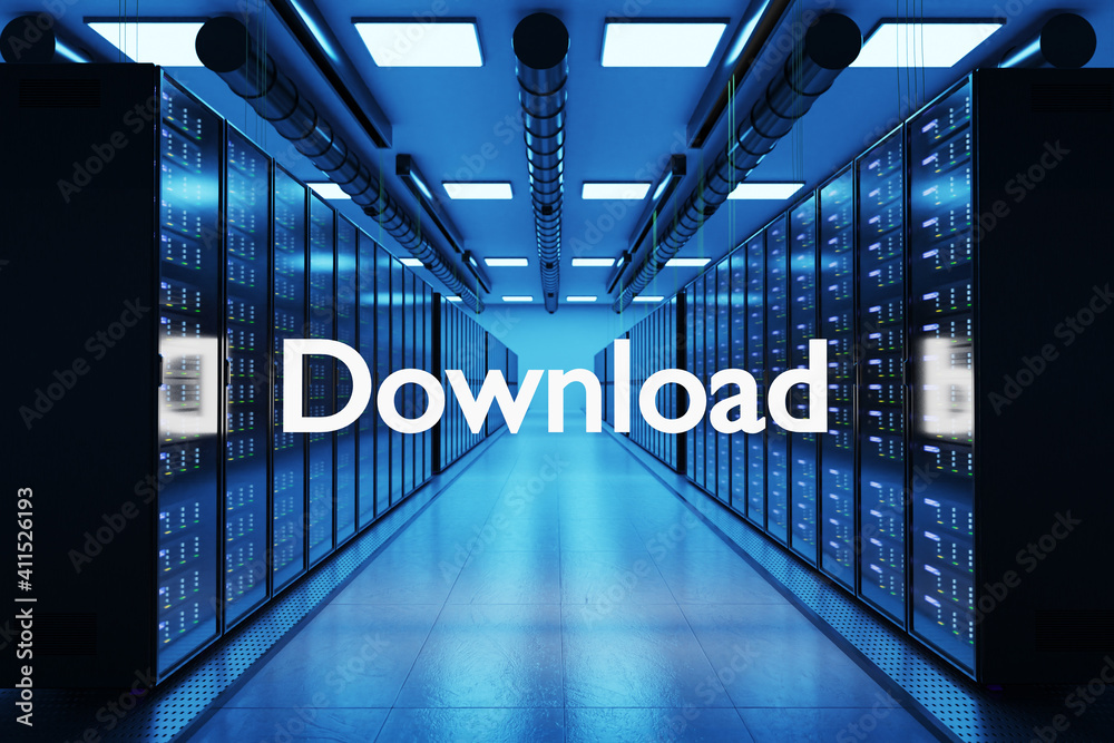 download logo in large modern data center with multiple rows of network ...
