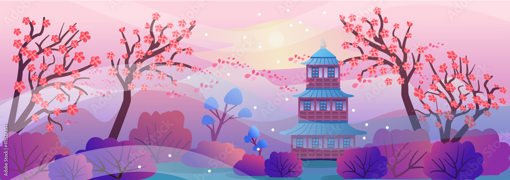Spring Japanese landscape in cartoon style. Beautiful landscape with ...