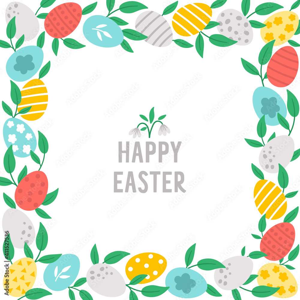 Easter square greeting card template with cute colored eggs and leaves ...