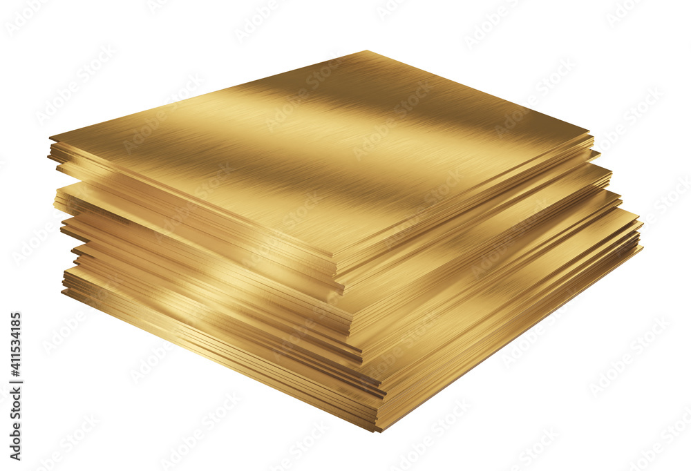 Brass sheets isolated on white background. Warehouse of rolled metal ...