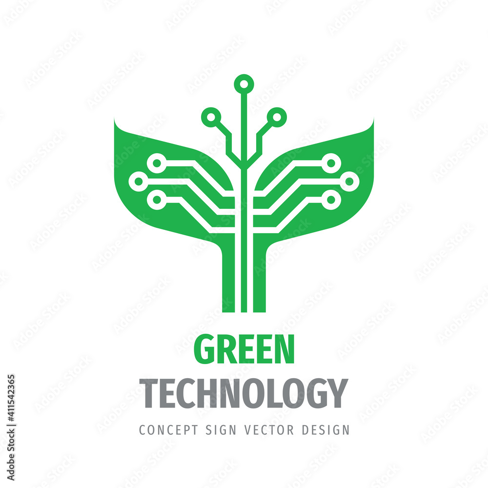 Green technology logo design. Nature leaves and electronic structure ...