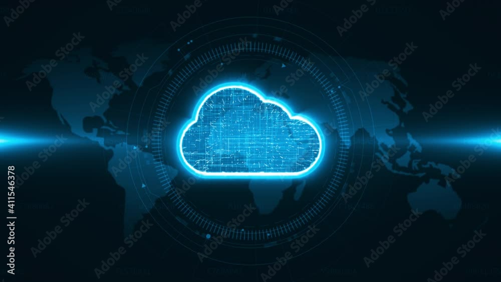 Motion graphic of Blue cloud storage icon with head up display ( HUD UI ...