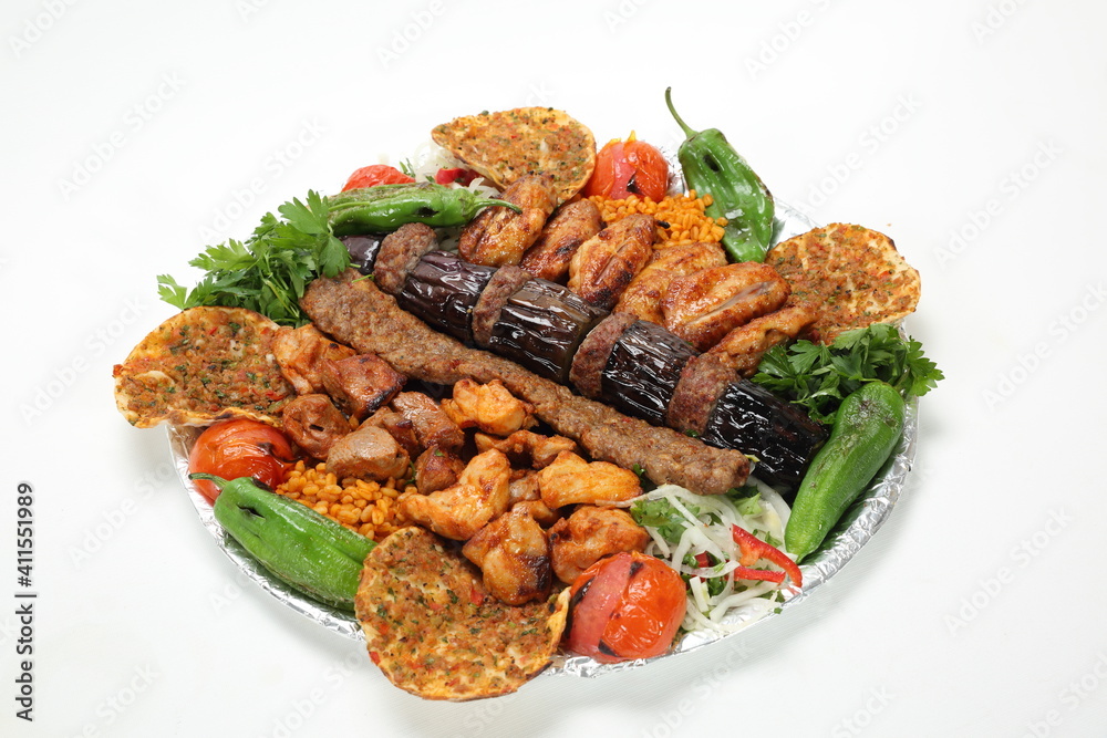 turkish mix kebab with adana kebab, aubergine kebab, chicken wings ...