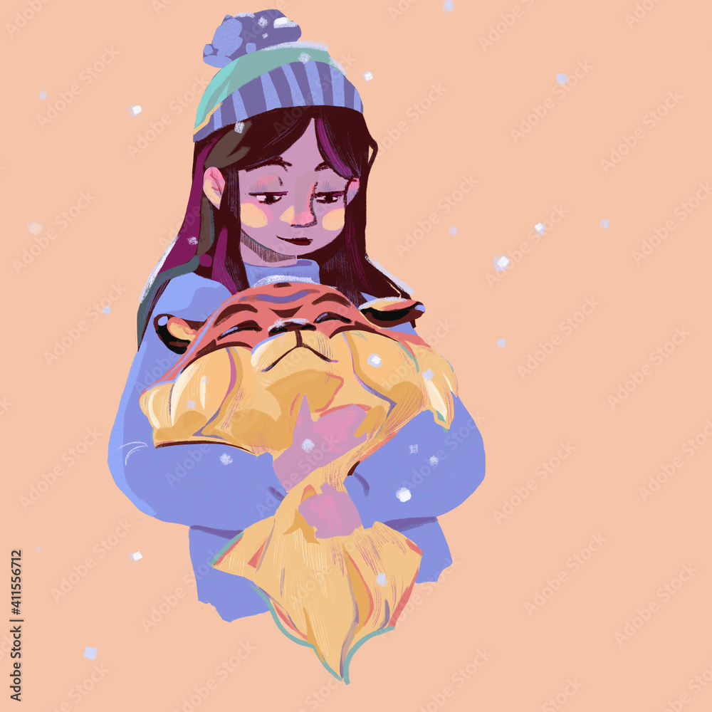 Character cute little girl hugging a fluffy tiger cub, girl in a blue ...