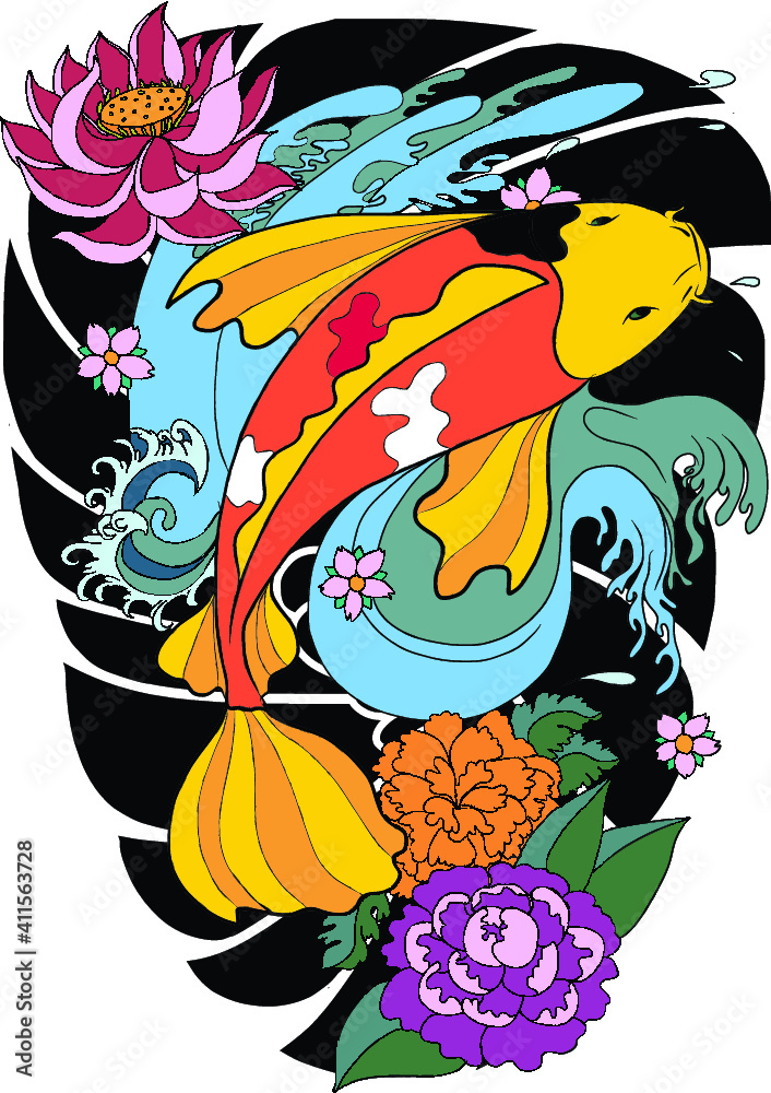 Japanese koi.Hand drawn colorful Koi fish and Japanese tattoo.doodle ...