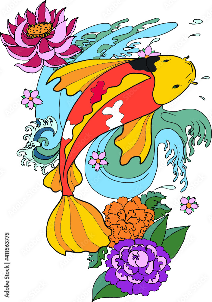 Japanese koi.Hand drawn colorful Koi fish and Japanese tattoo.doodle ...