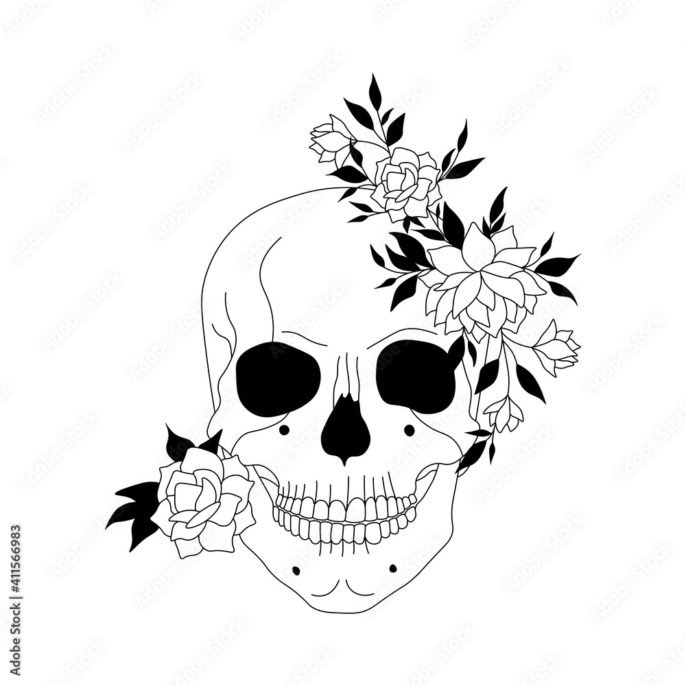 Skull Flowers Drawing